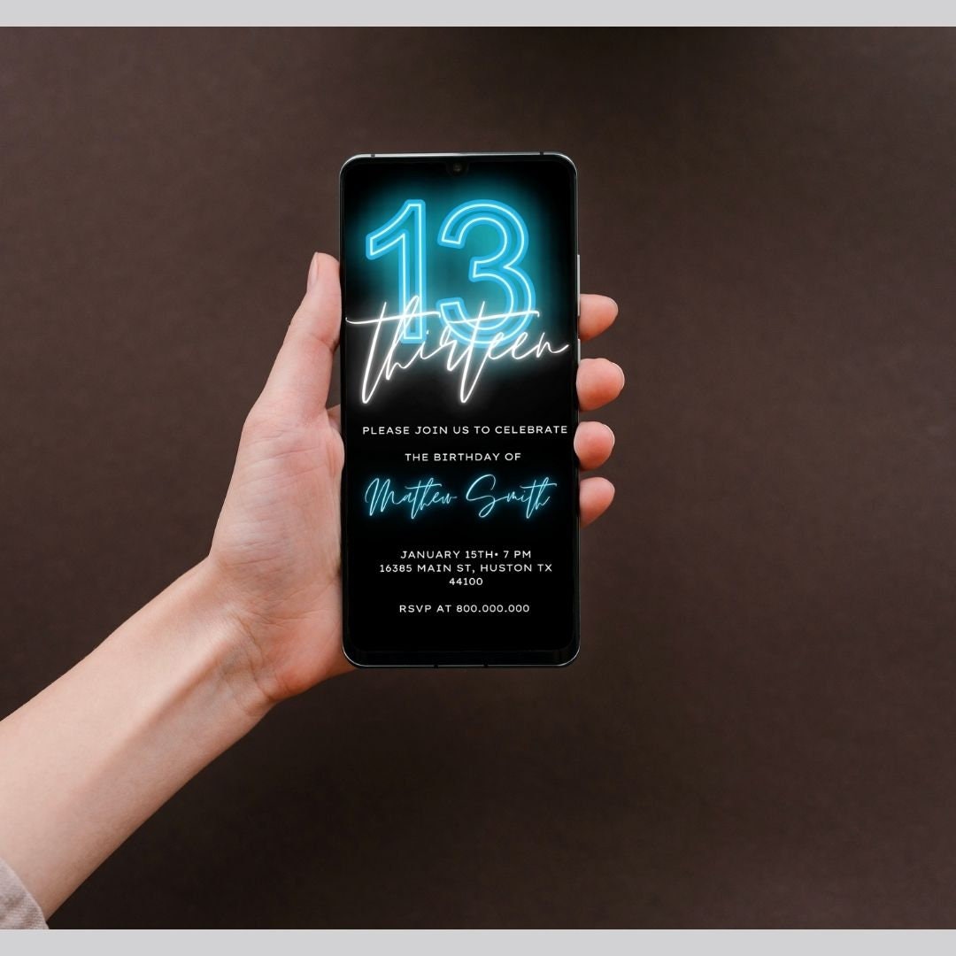 Editable 13th Neon Light Video Birthday Invitation Template, Blue Neon ...