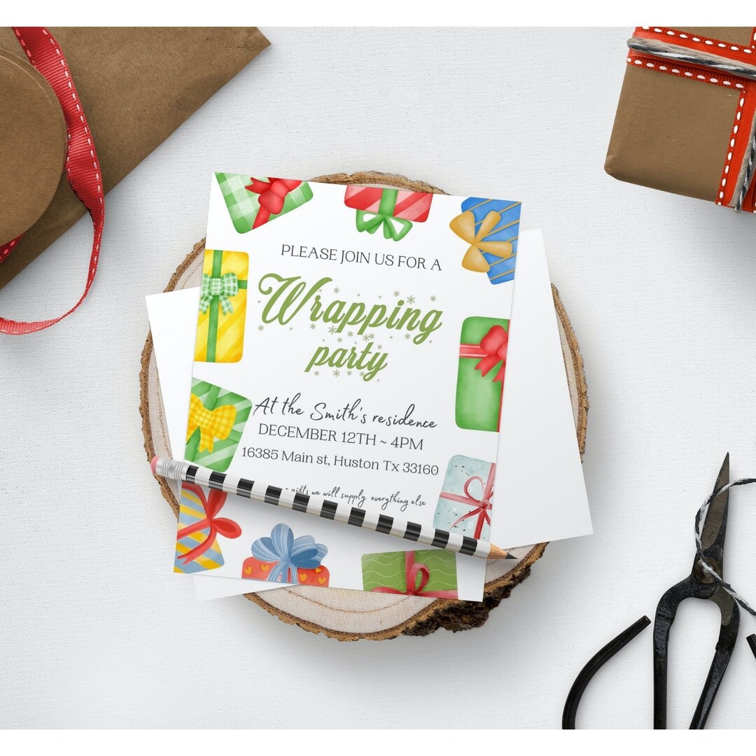 Wrapping Gifts Christmas Invitation Template, Holiday Digital ...