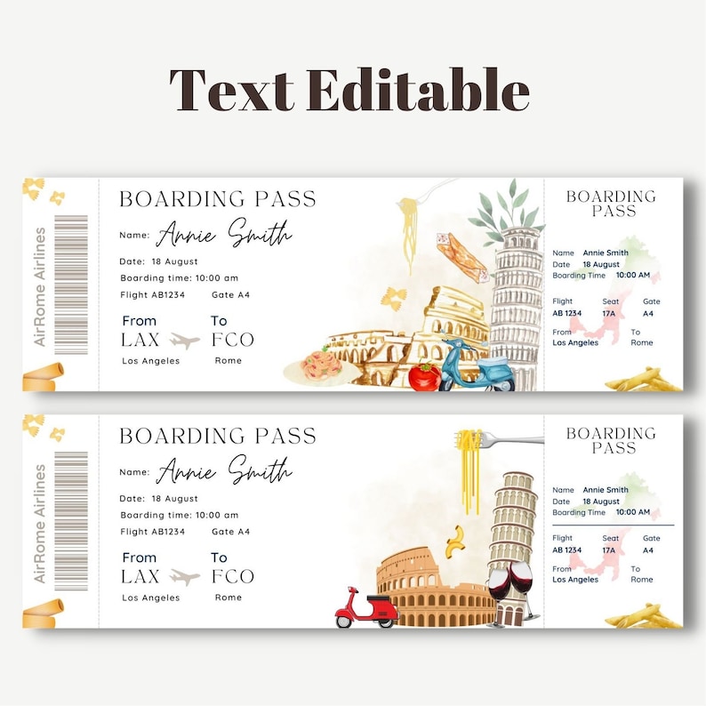Editable Italy Trip Boarding Pass Template Printable Airline - Etsy