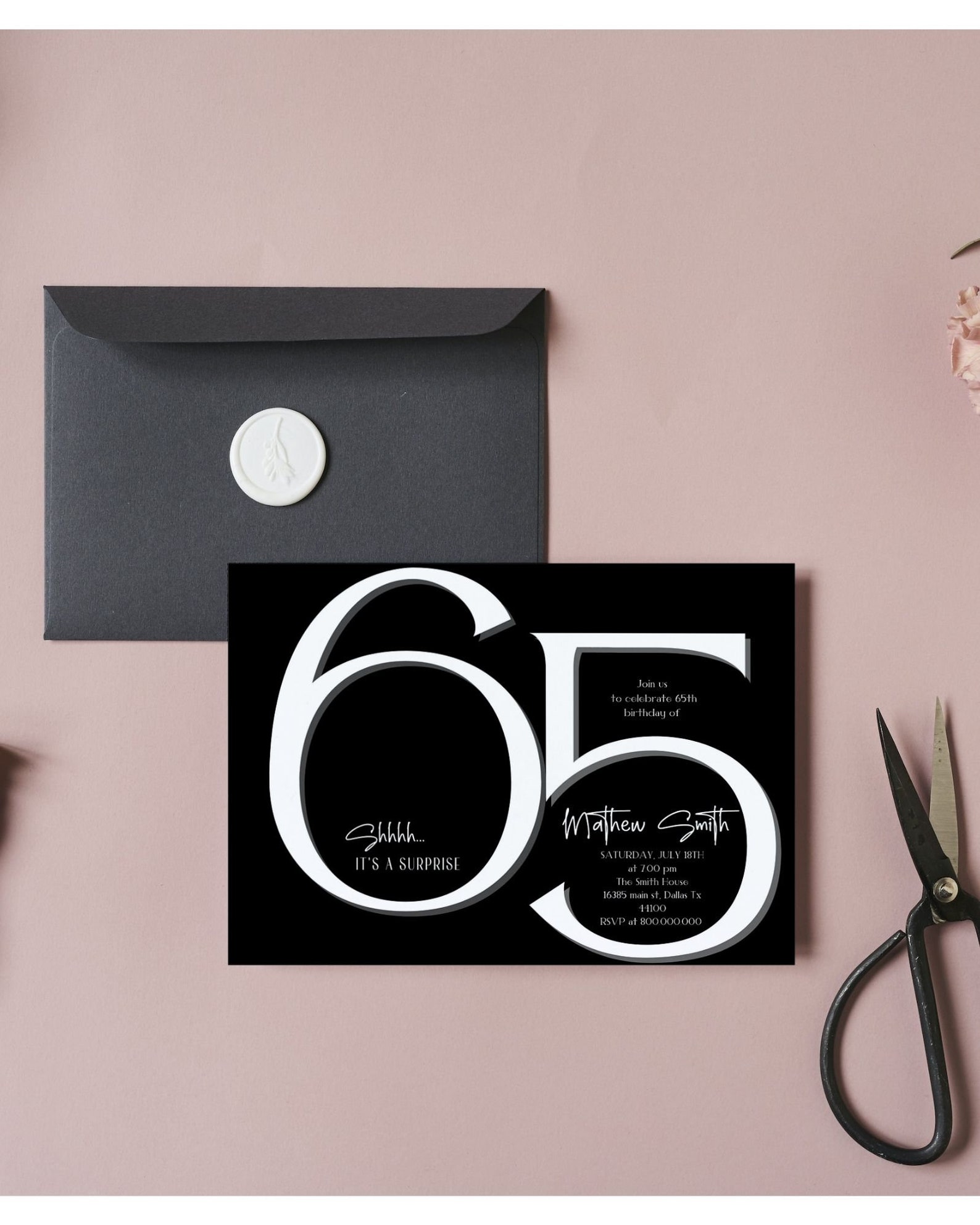 Editable and Printable 65th Elegant Birthday Invitation Template, Sixty ...