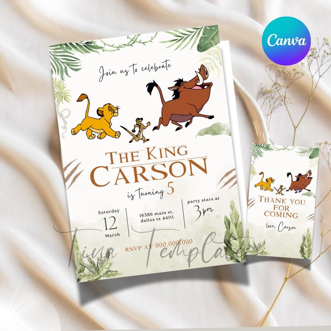 Editable and Printable Watercolor Lion King Birthday Invitation, Simba ...