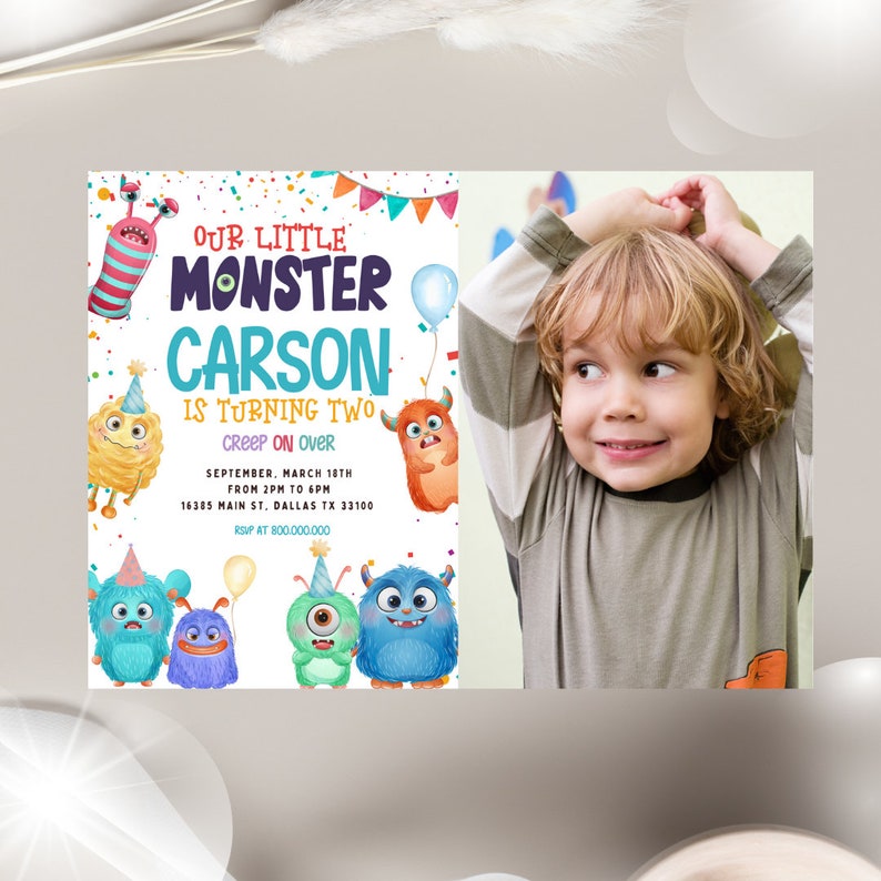 Editable and Printable Monsterparty Photo Invitation Template, Monster ...
