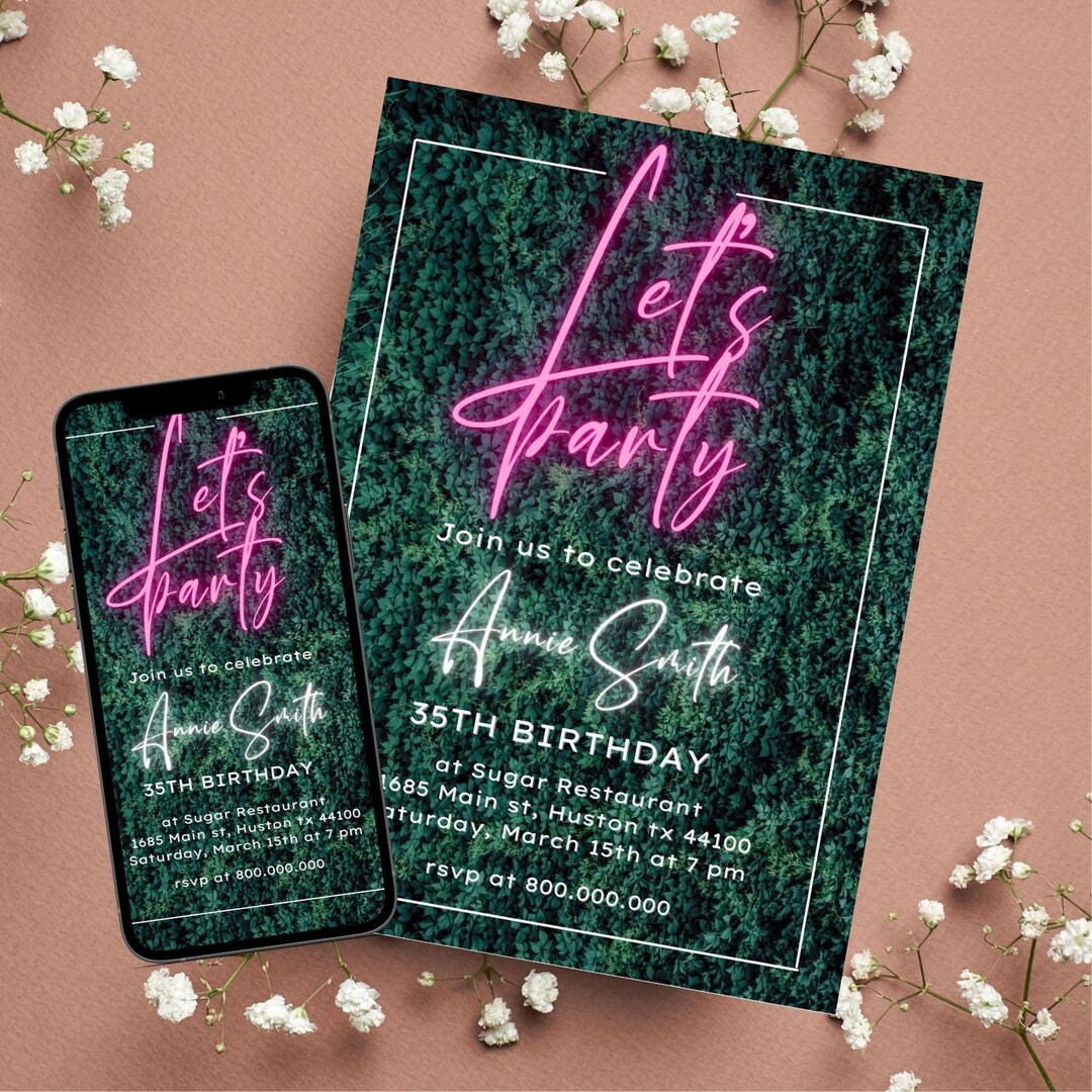 Printable and Electronic Grass Wall Pink Neon Light Let’s Party ...