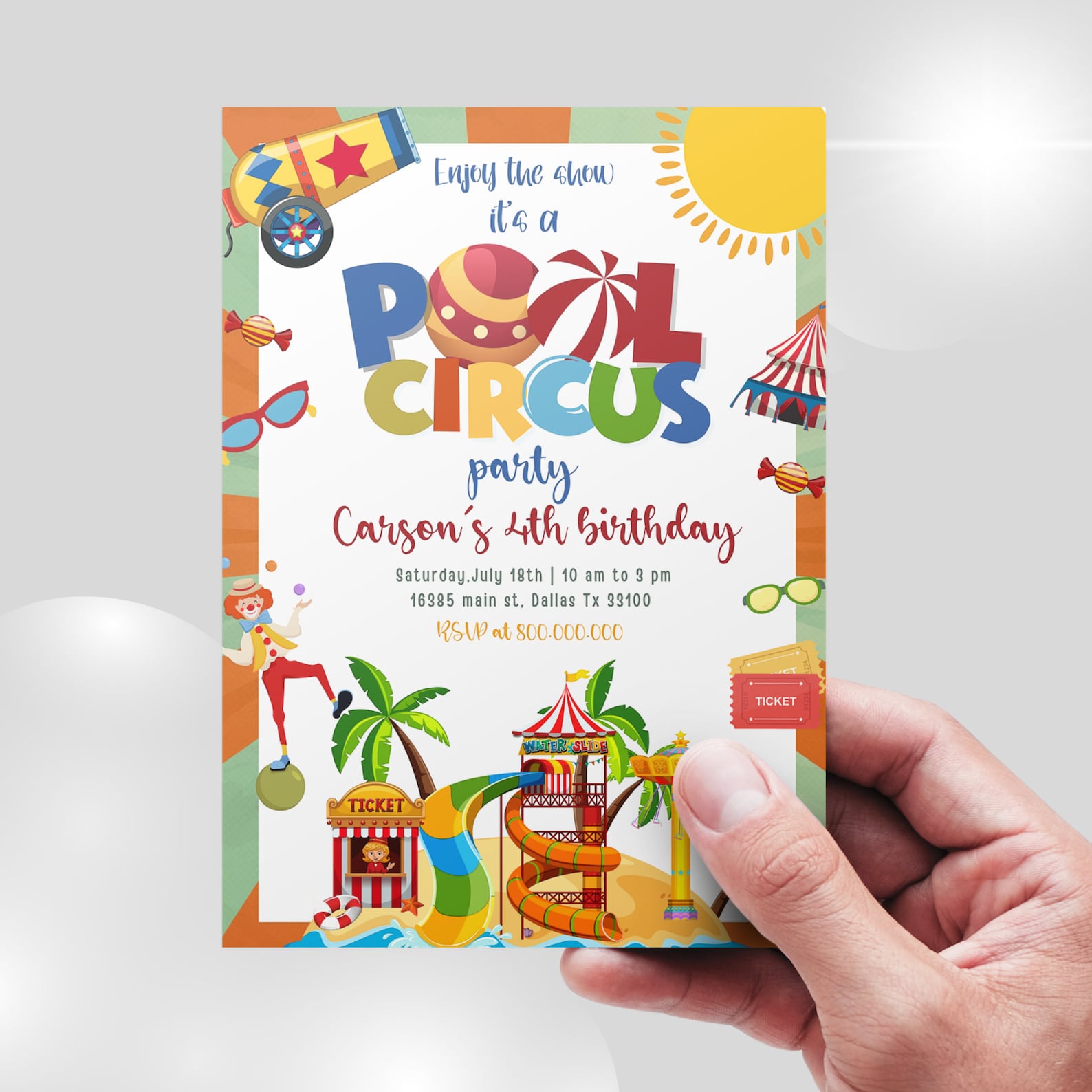 Editable and Printable Circus Pool Party Invitation Template, Circus ...