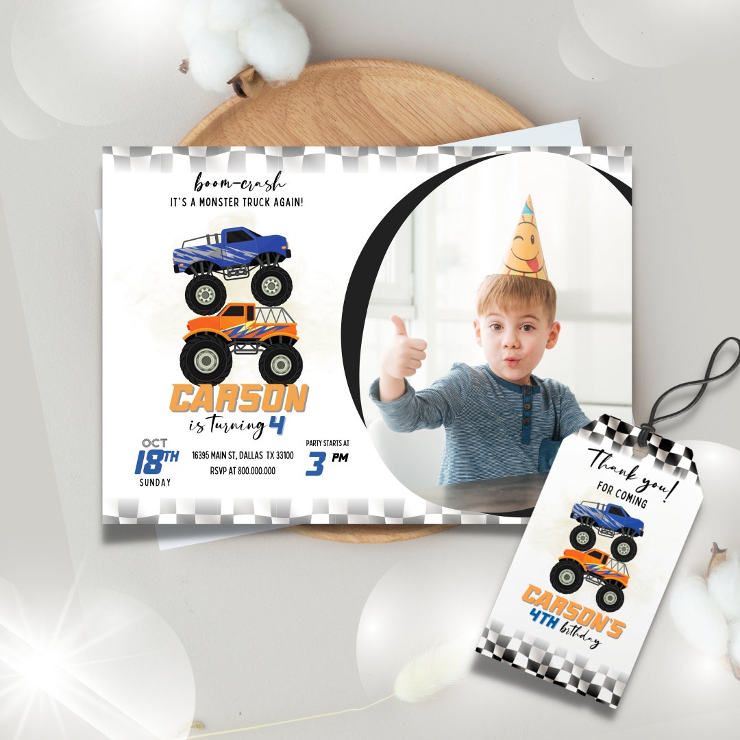 Editable Monster Truck Birthday Photo Invitation Template, Monster ...