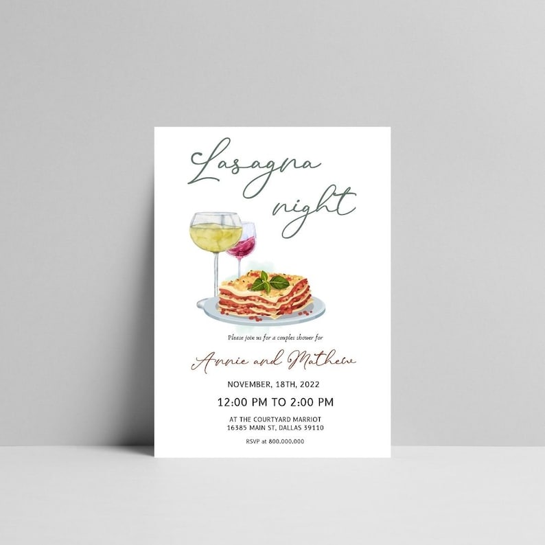 Printable Lasagna and Wine Night Minimalist Invitation Template ...