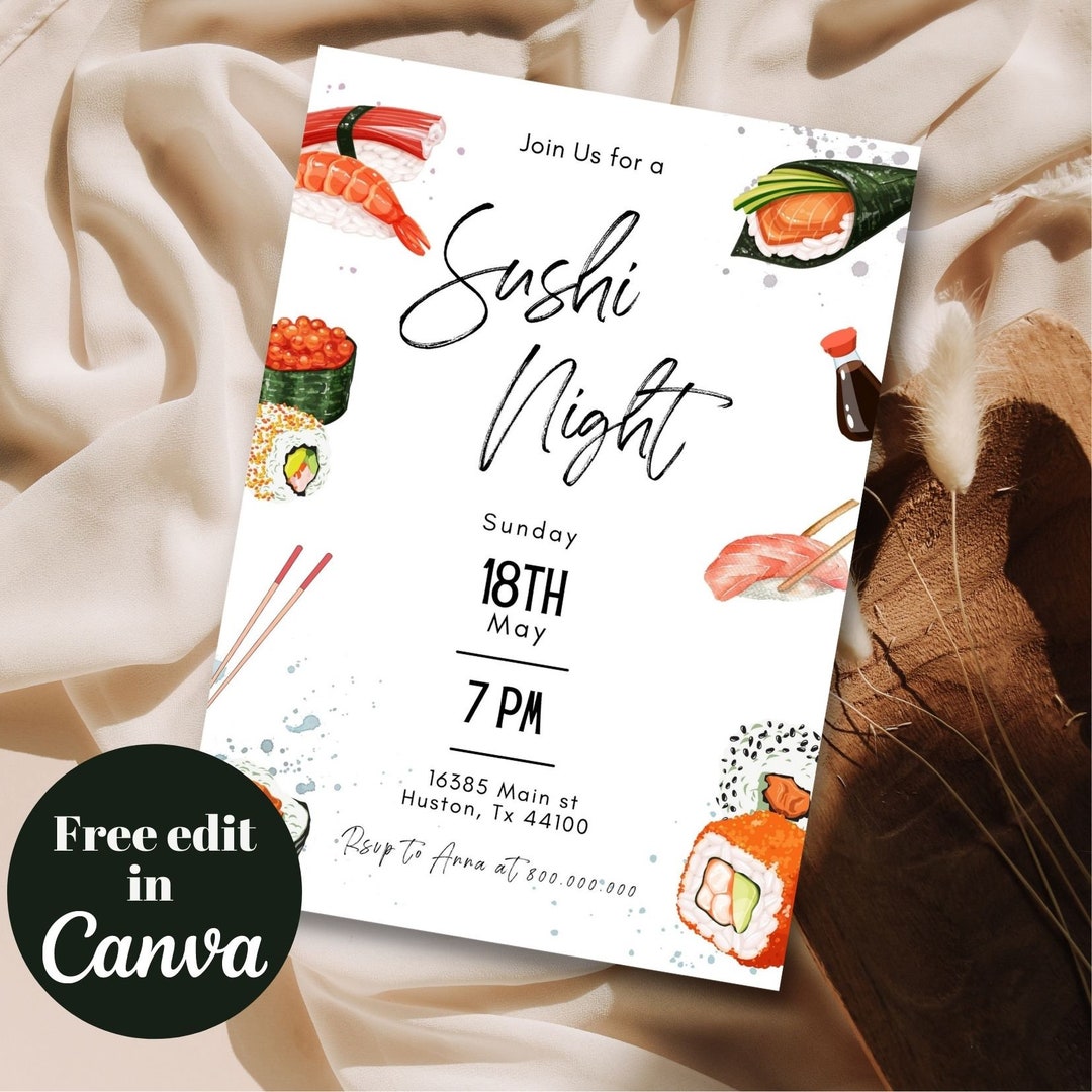 Printable Elegant Sushi Night Invitation Template, Minimalist Sushi ...
