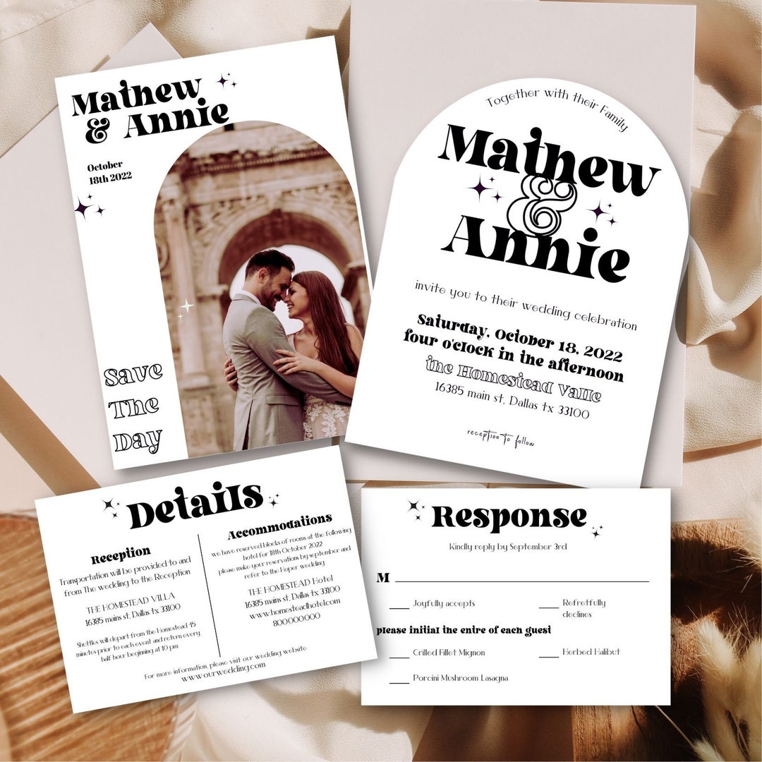Editable and Printable Retro Wedding Invitation Template Set, Groovy ...