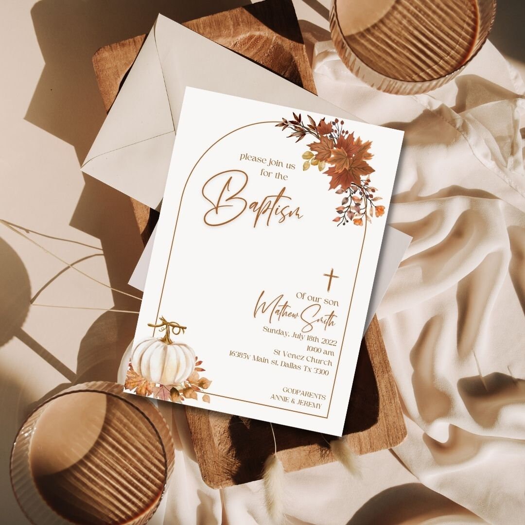Editable and Printable Boho Fall Baptism Invitation Template, Pumpkin ...