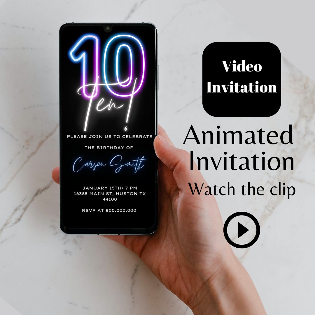 Editable 10th Neon Light Video Birthday Invitation Template, Neon Light ...