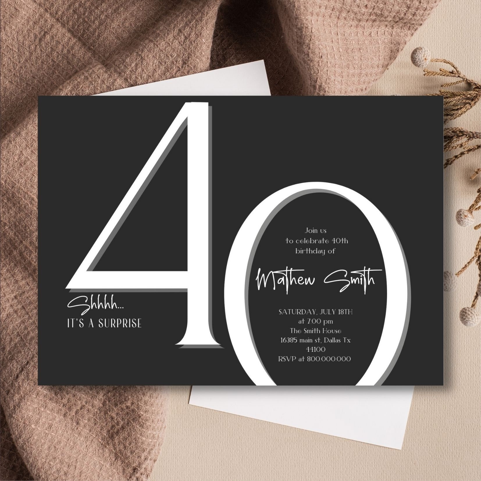 Editable and Printable 40th Elegant Birthday Invitation Template, Adult ...