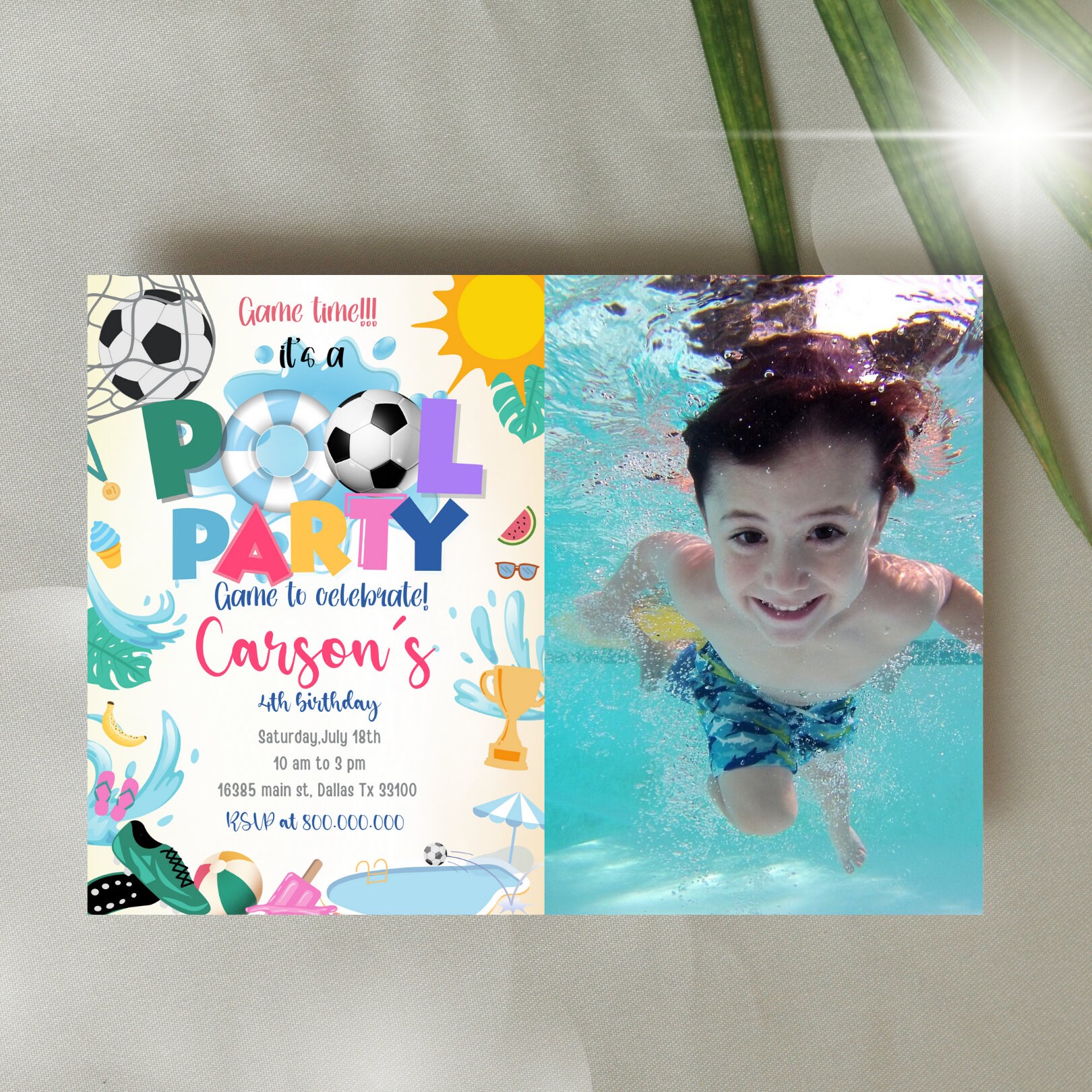 Editable and Printable Soccer Pool Party Photo Invitation - Etsy