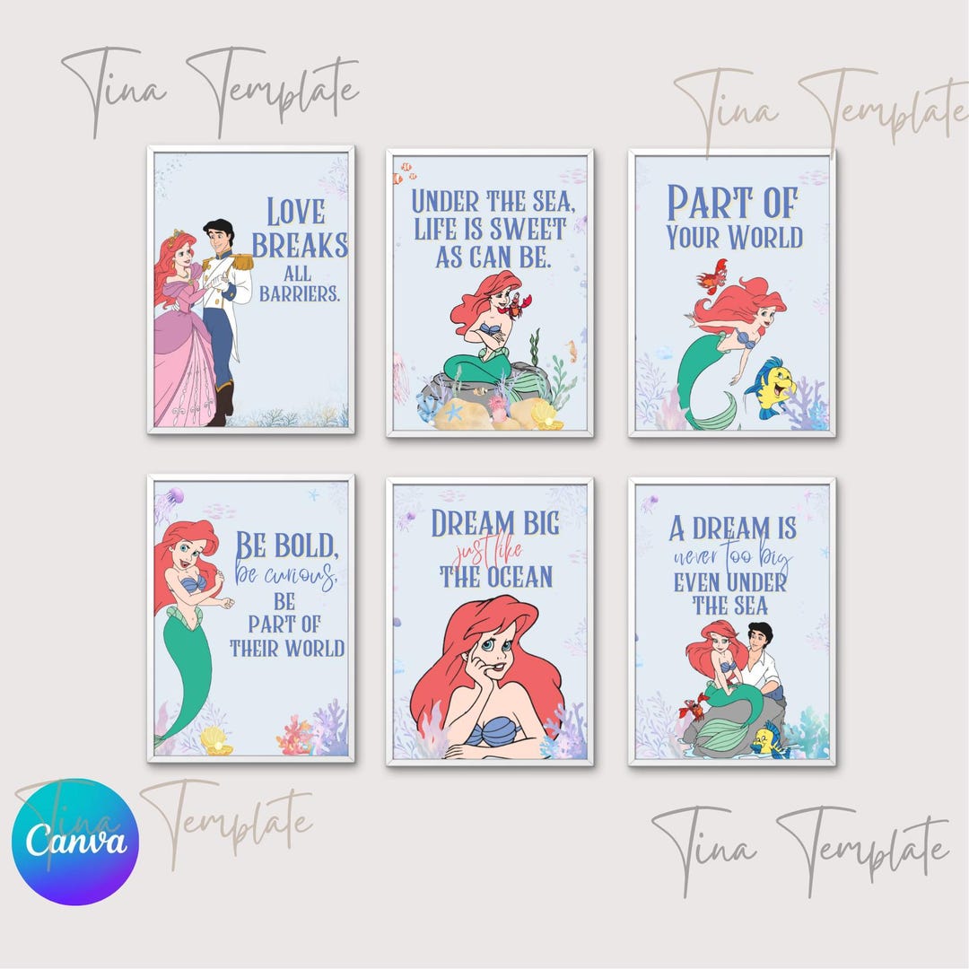 Editable and Printable Ariel Princess Wall Art Template, Little Mermaid ...