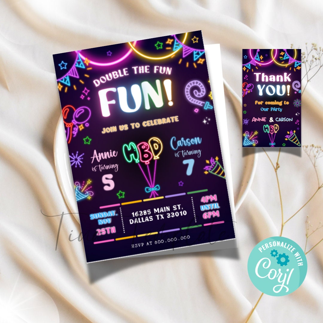 Editable Sibling Neon Lights Birthday Invitation, Joint Birthday ...