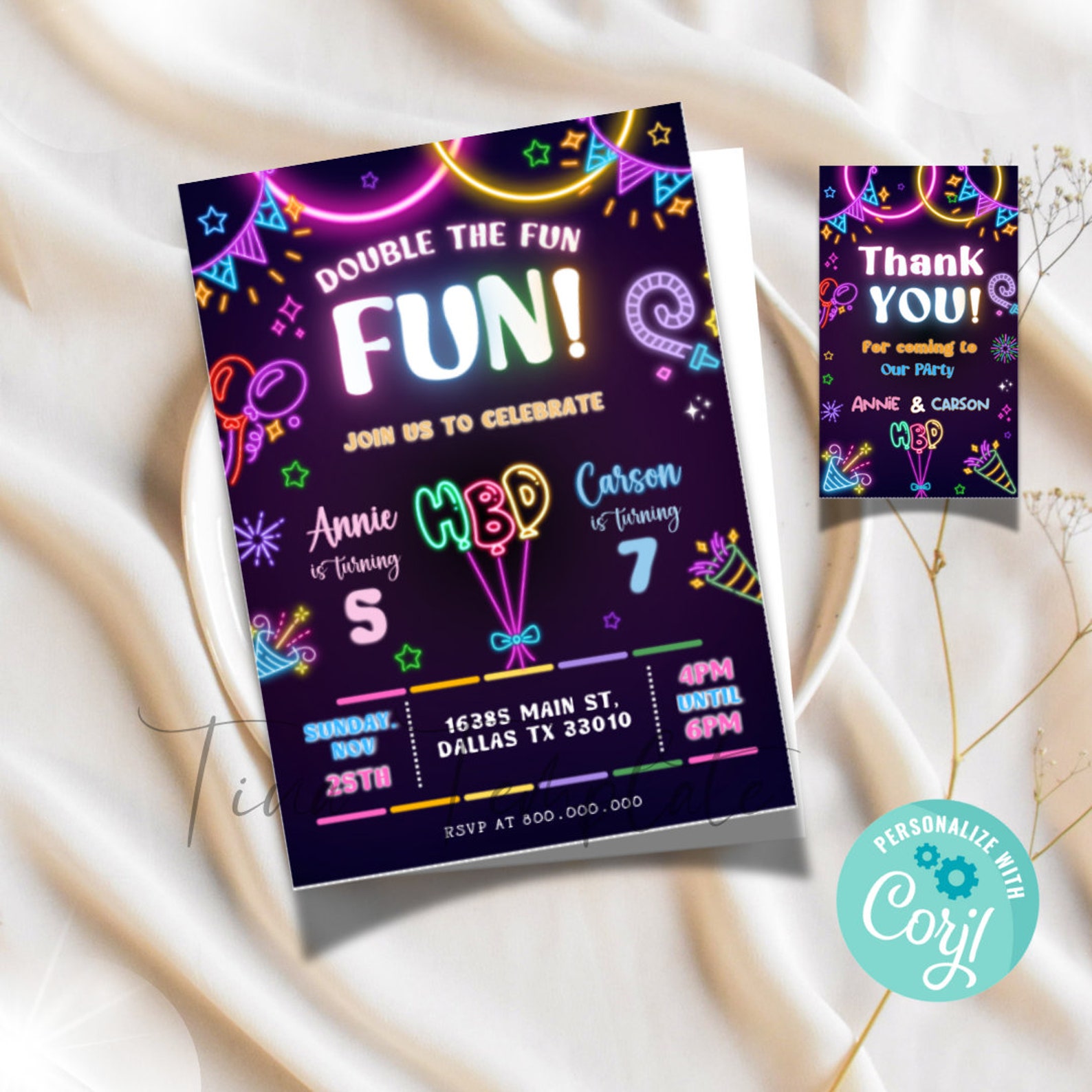 Editable Sibling Neon Lights Birthday Invitation, Joint Birthday ...