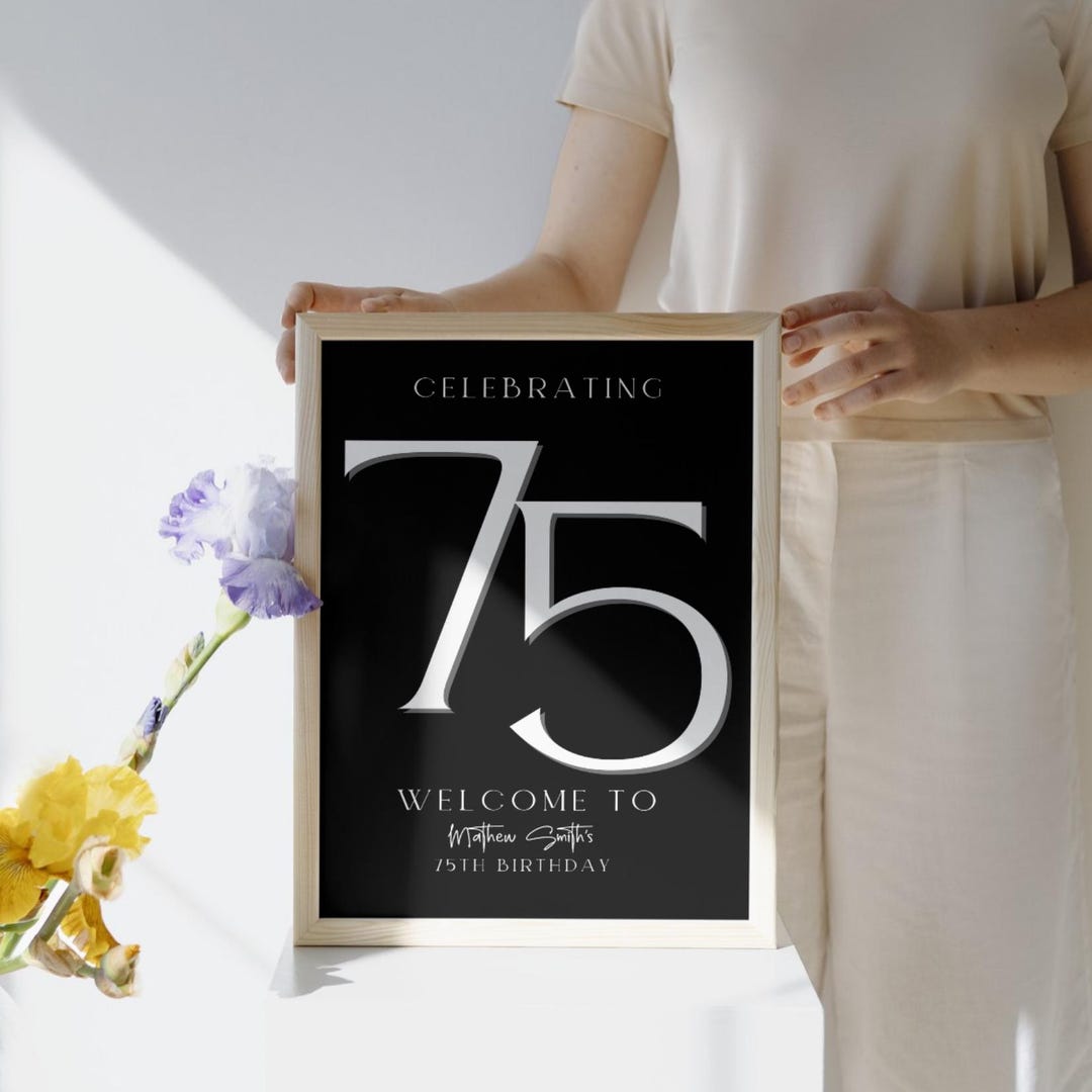 Editable and Printable 75th Elegant Birthday Welcome Sign Template ...
