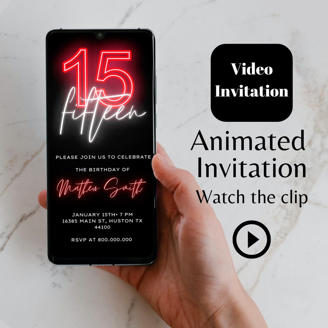 Editable 15th Neon Light Video Birthday Invitation Template, Red Neon ...
