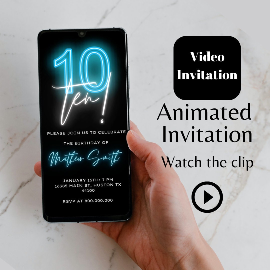 Editable 10th Neon Light Video Birthday Invitation Template, Blue Neon ...