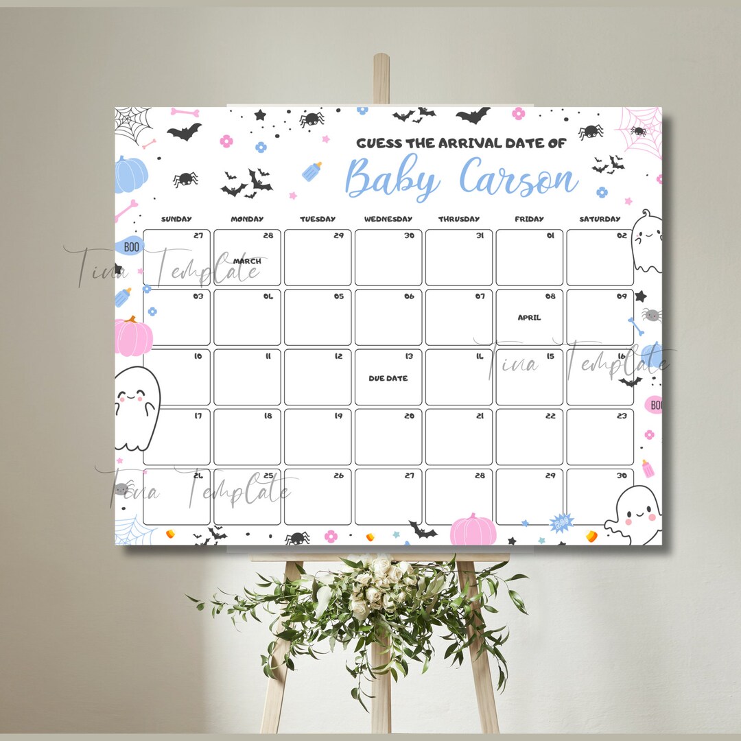 Editable Little Boo Ghost Halloween Gender Reveal Due Date Calendar ...