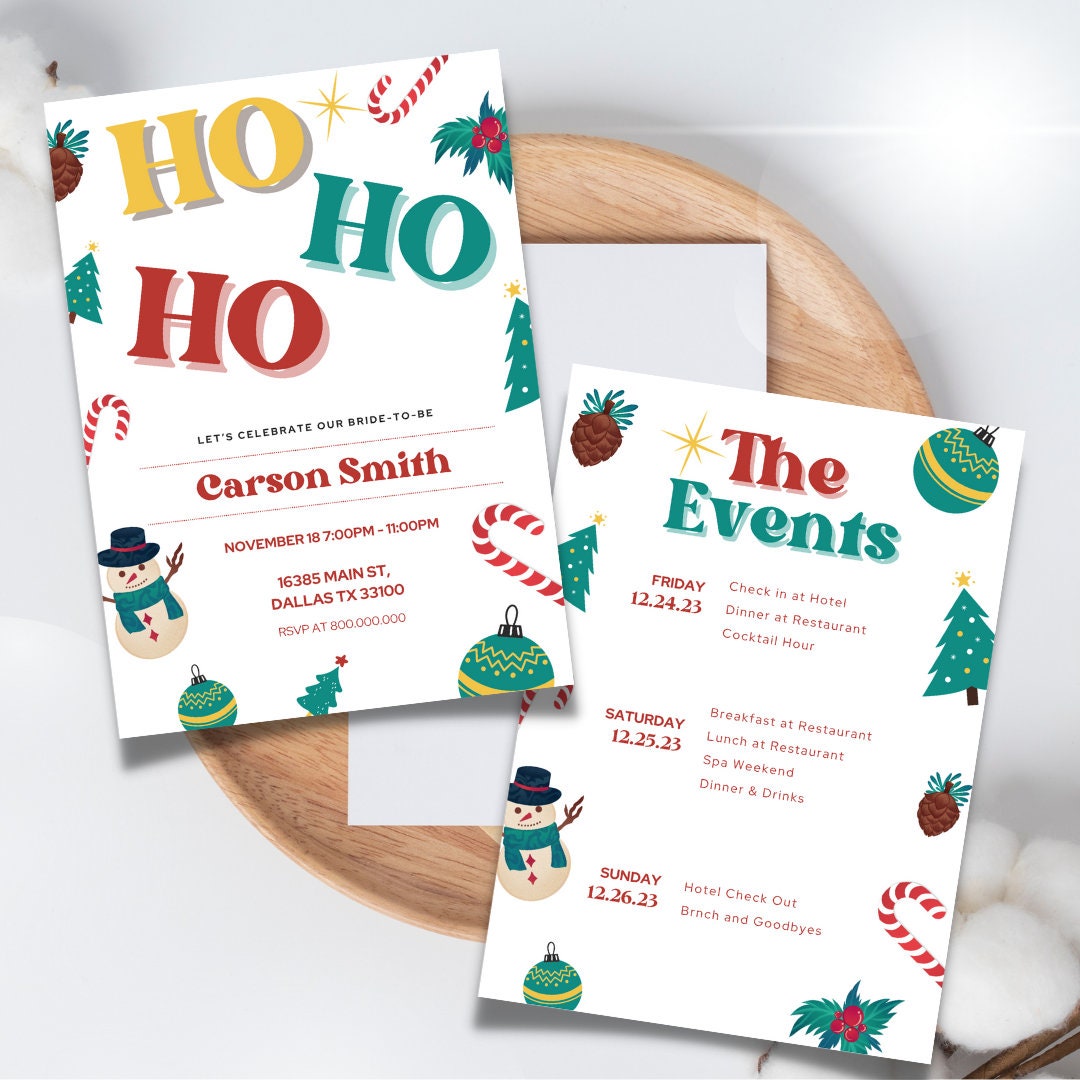 Editable Retro Ho Ho Ho Christmas Party Invitation and Itinerary, 70's ...
