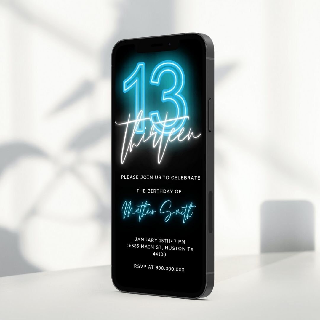 Editable 13th Neon Light Video Birthday Invitation Template, Blue Neon ...