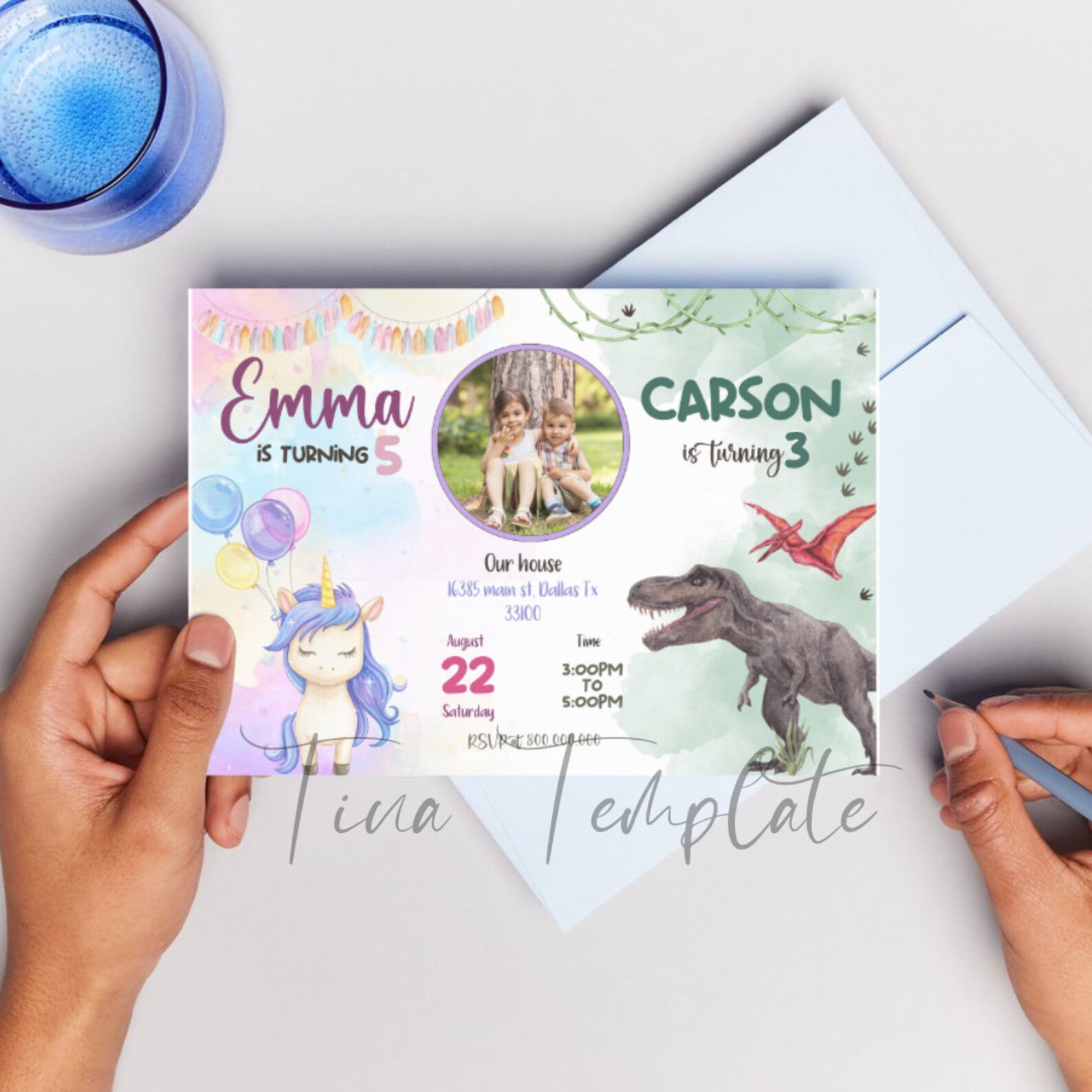 Editable Unicorn and Dinosaur Birthday Invitation With Photo Template ...