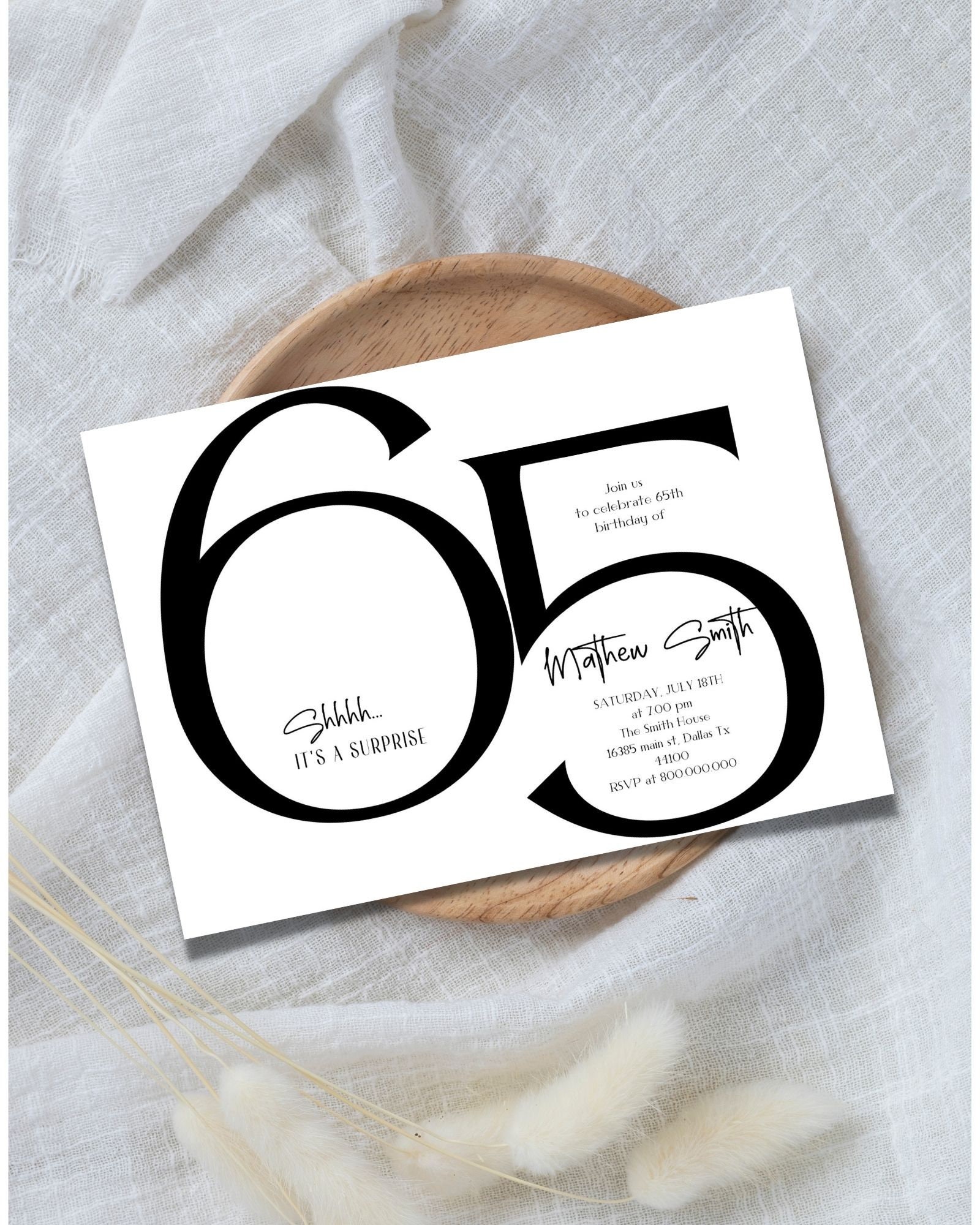 Editable and Printable 65th Elegant Birthday Invitation Template, Sixty ...