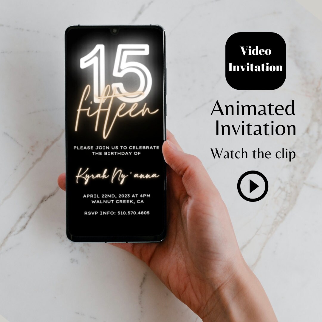 Editable 15th Neon Light Video Birthday Invitation Template, White Neon ...