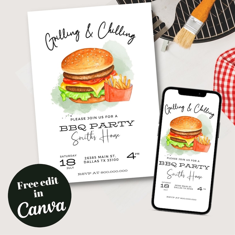 Editable and Printable BBQ Burger Party Invitation Template - Etsy
