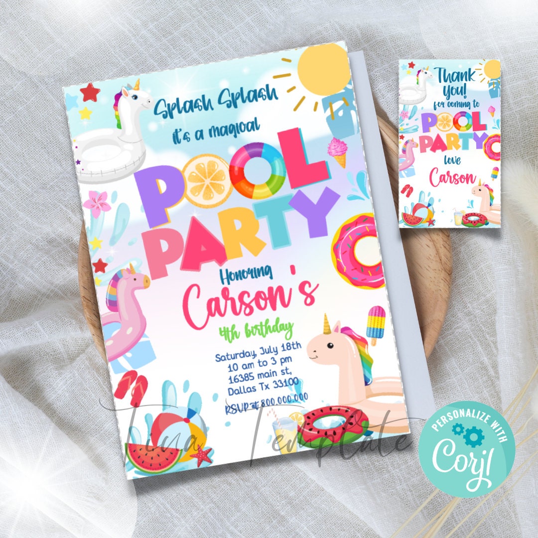 Editable and Printable Unicorn Pool Party Invitation Template, Unicorn ...