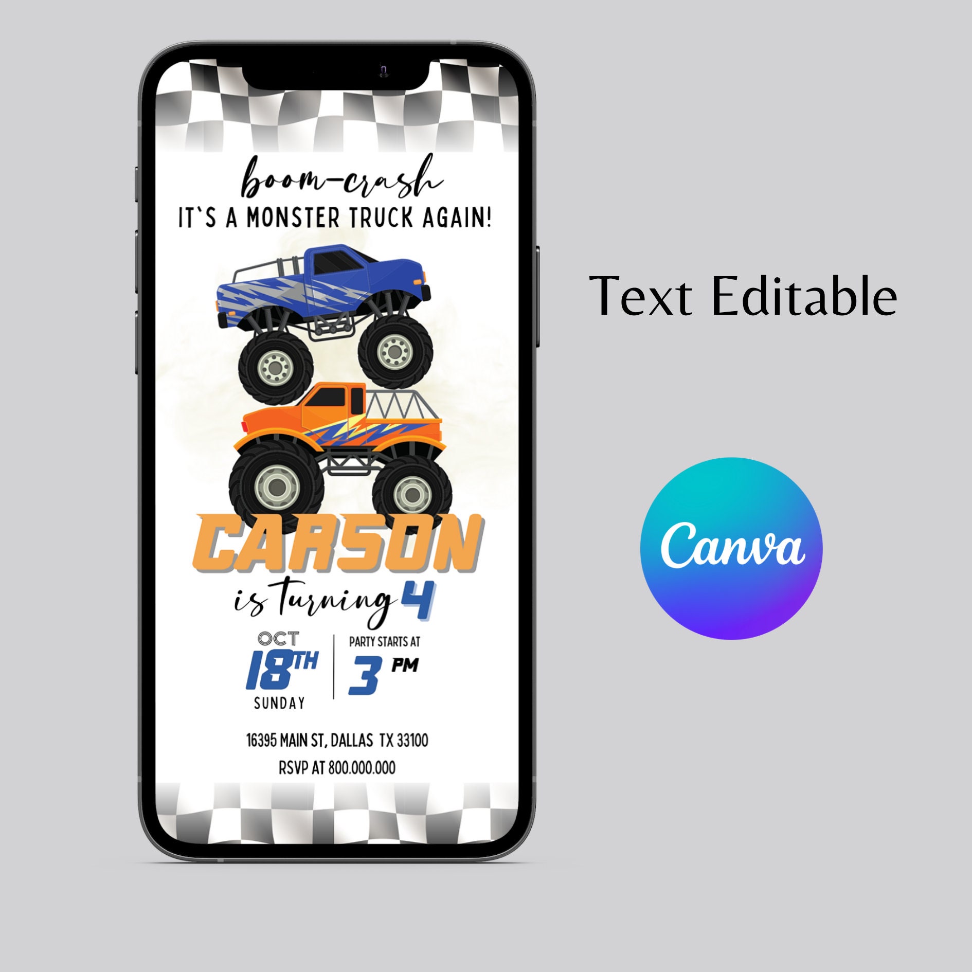 Editable Monster Truck Birthday Invitation Template, Monster Truck ...