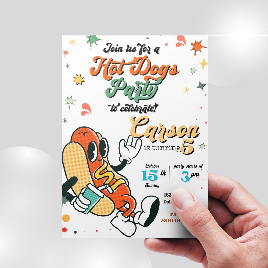 Editable and Printable Hot Dogs Party Invitation Template, Retro Hot ...