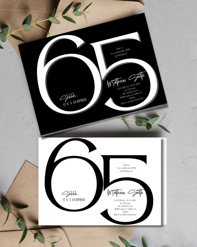 Editable and Printable 65th Elegant Birthday Invitation Template, Sixty ...