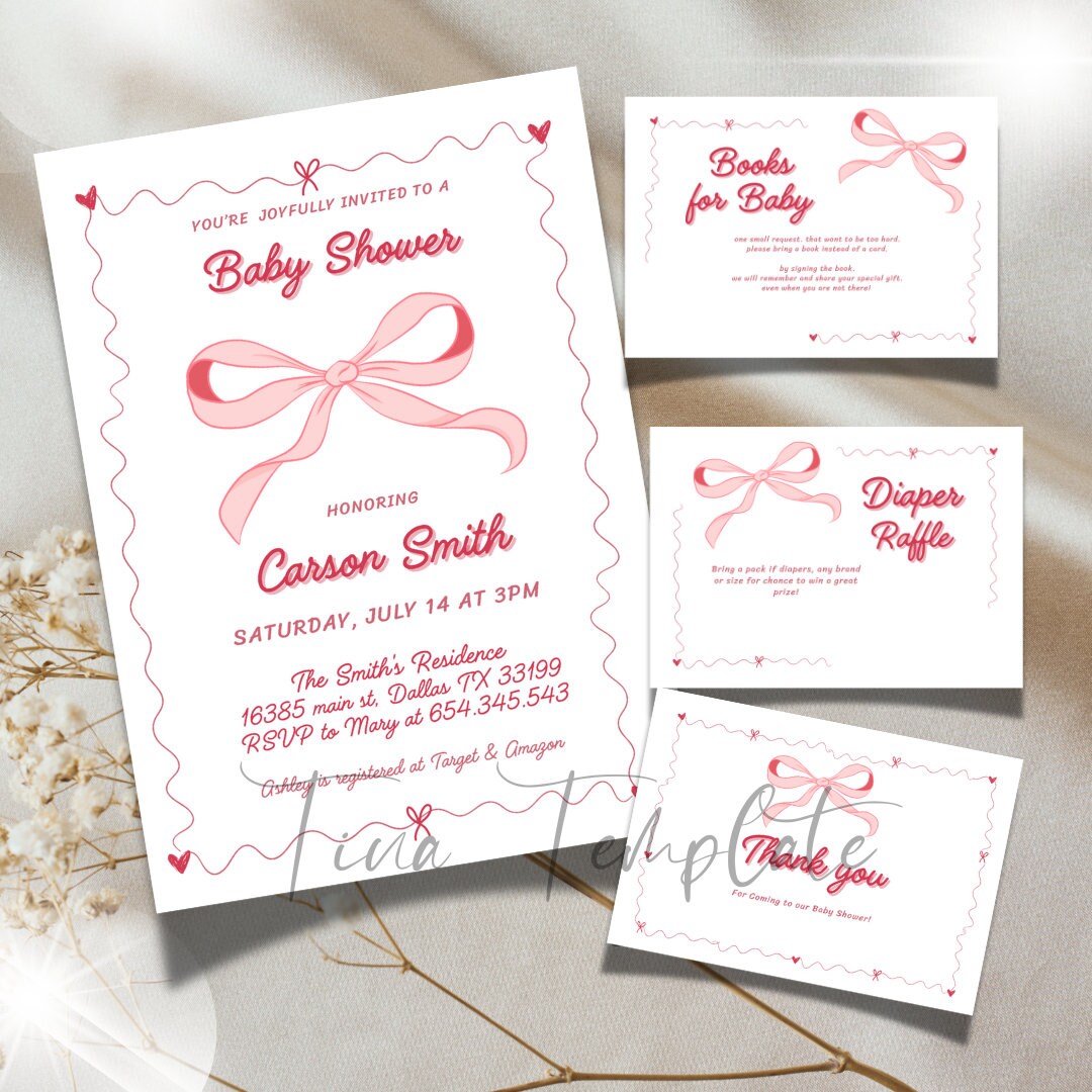 Editable Hand Drawn Bow Baby Shower Bundle Invitation, Bow Boho Baby ...