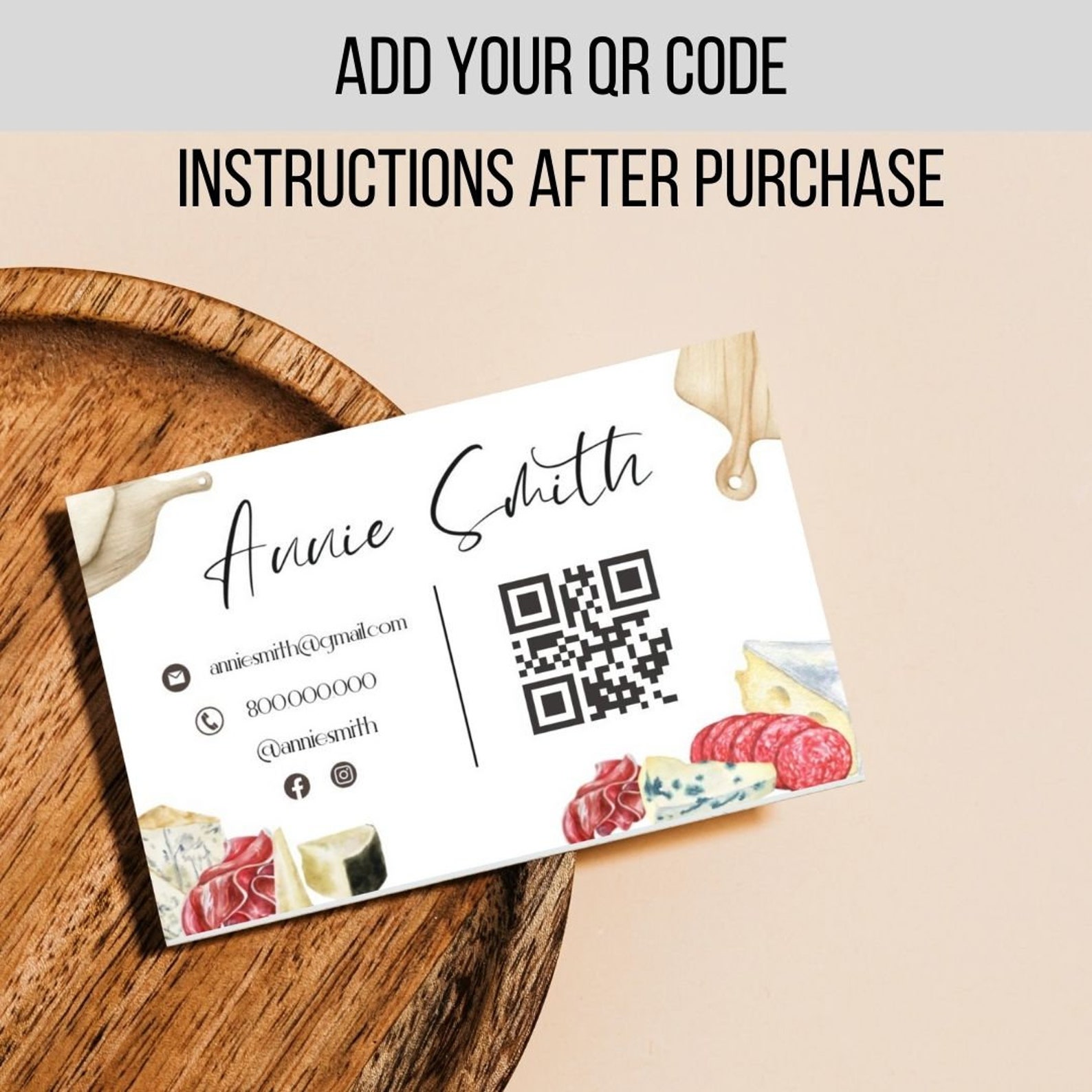 Editable Charcuterie Business Card Design Template With QR Code, Cheese ...