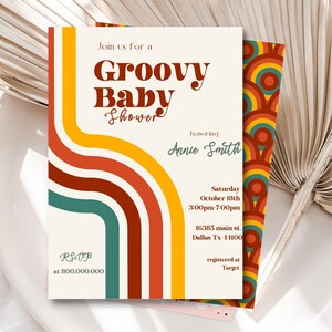 Editable and Printable Groovy Theme Baby Shower Invitation, Retro Baby ...