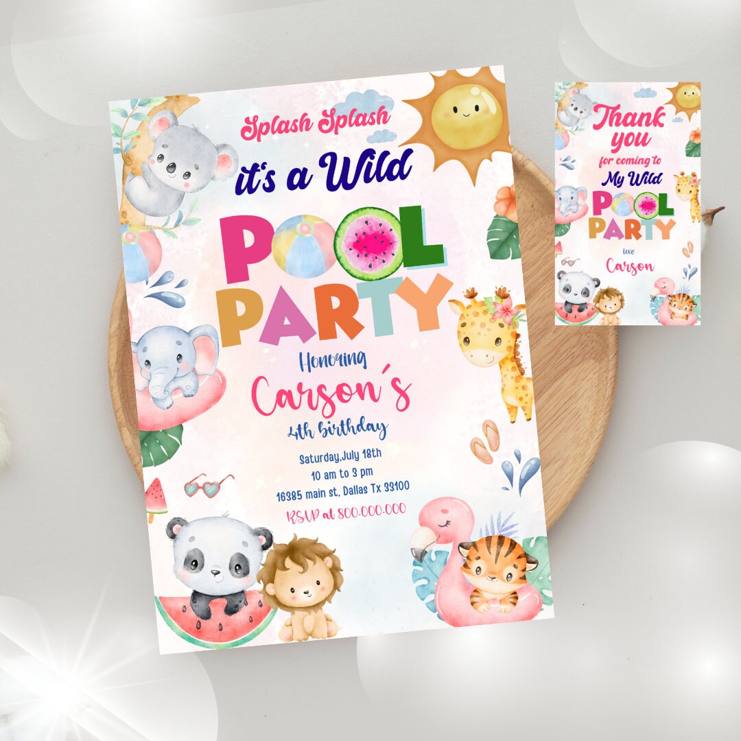 Editable and Printable Animals Pool Party Invitation Template, Splash ...