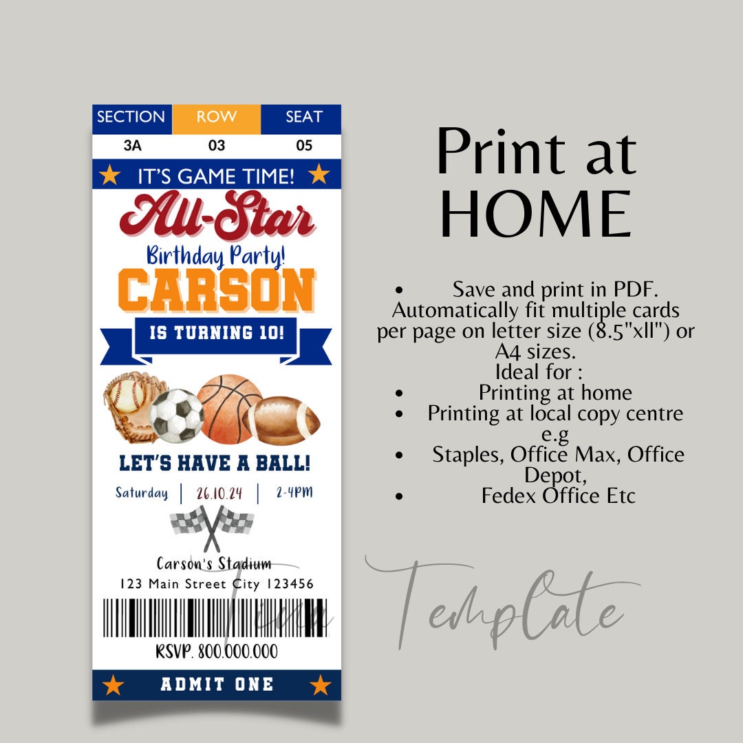 Editable and Printable Sports Ticket Invitation Template, Sports ...
