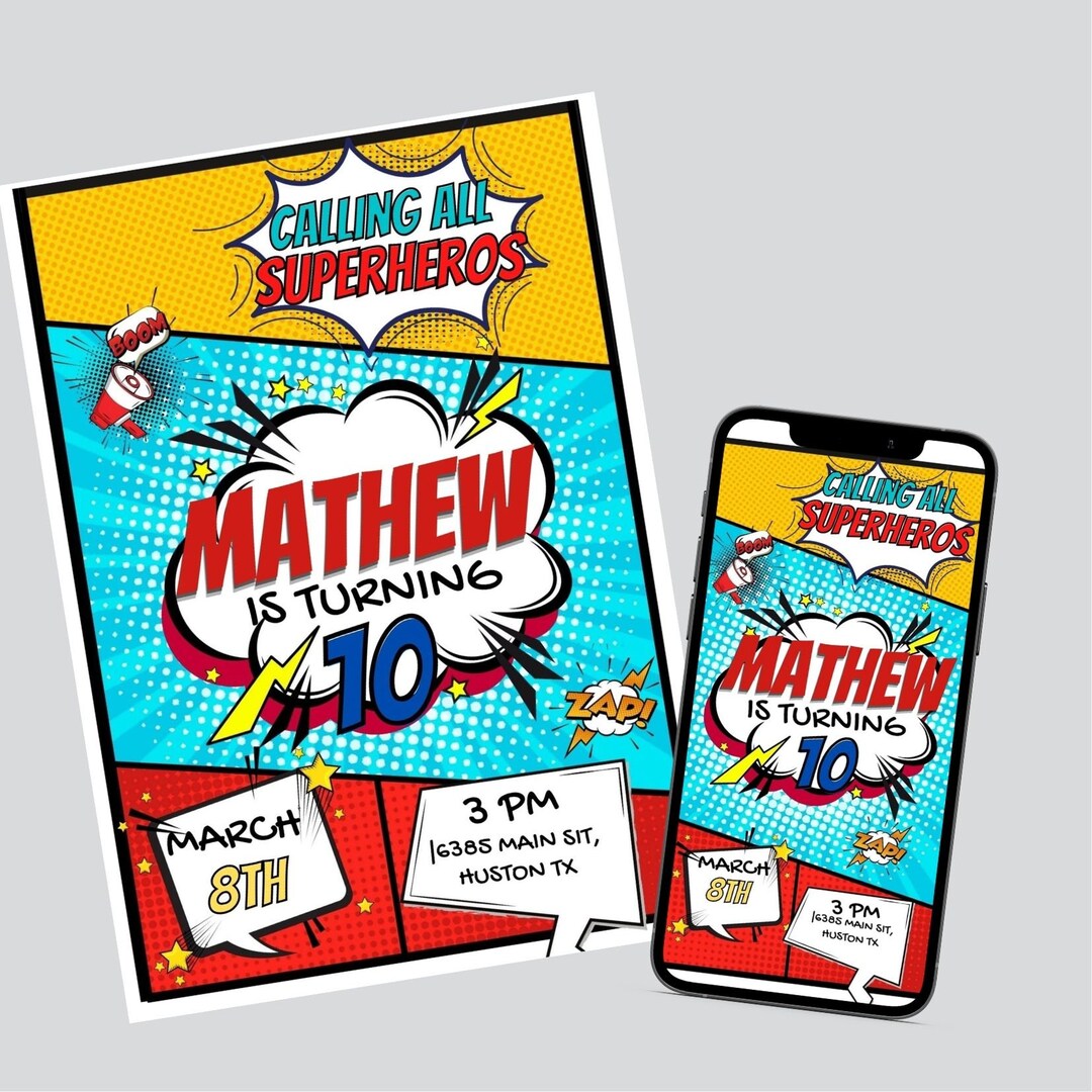 Printable and Electronic Superhero Comic Kid Birthday Invitation ...