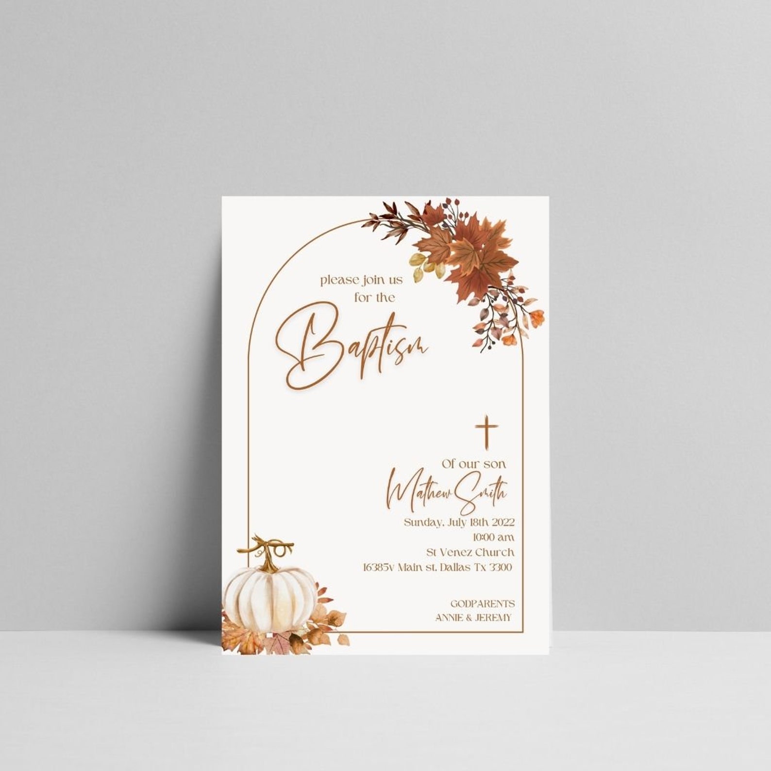Editable and Printable Boho Fall Baptism Invitation Template, Pumpkin ...