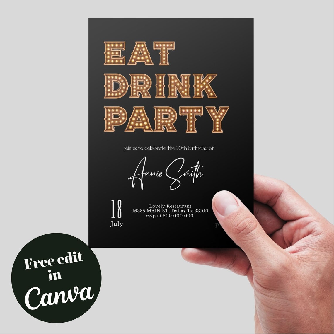 Editable and Printable Eat Drink Party Marquee Sign Invitation - Etsy