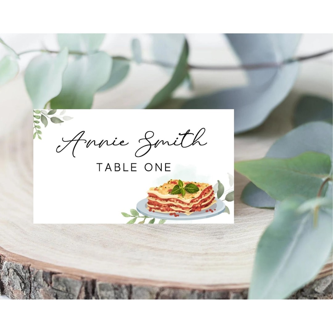 Editable Lasagna and Wine Seat Card, Table Seat Card Template, Greenery ...