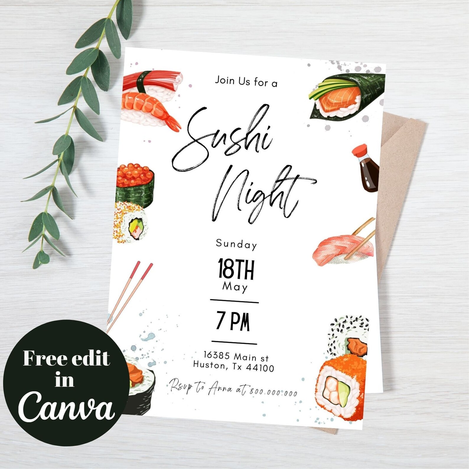 Printable Elegant Sushi Night Invitation Template Minimalist - Etsy