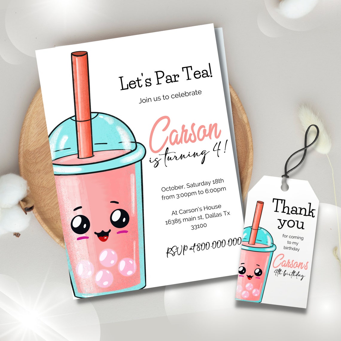 Editable and Printable Boba Tea Birthday Party Invitation Template ...