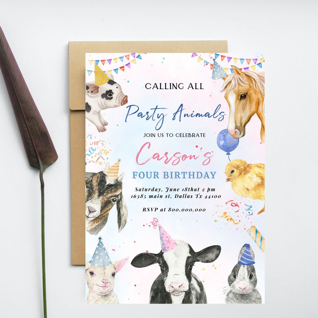 Printable and Editable Farm Animals Kid Birthday Party Invitation ...