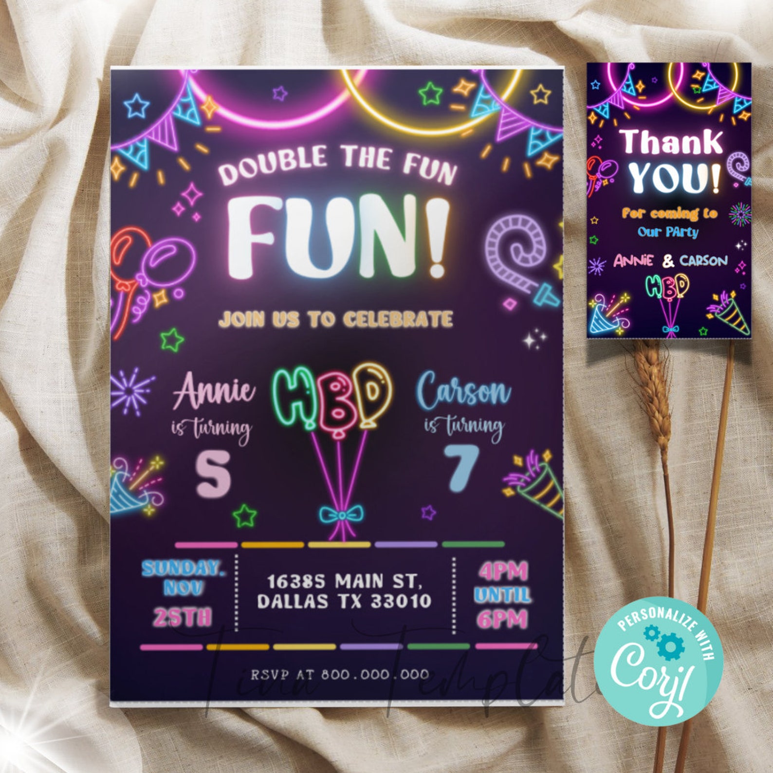 Editable Sibling Neon Lights Birthday Invitation, Joint Birthday ...