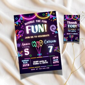 Editable Sibling Neon Lights Birthday Invitation, Joint Birthday ...