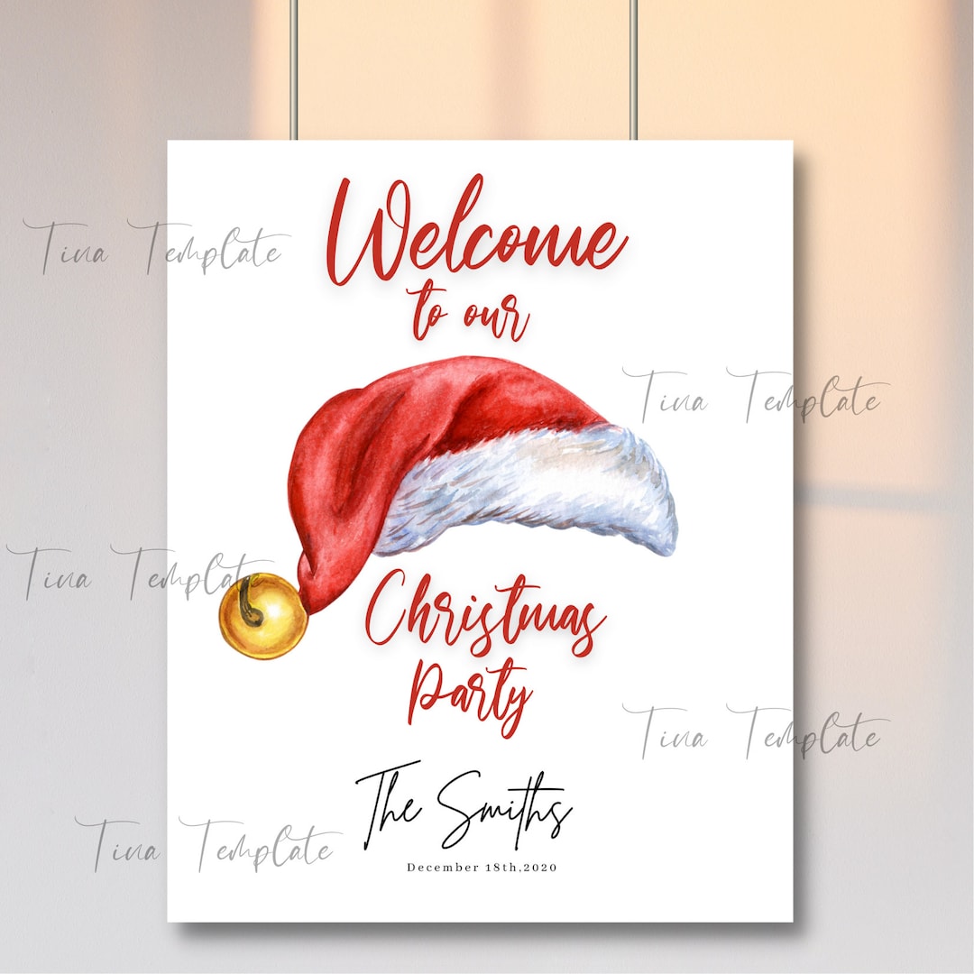 Editable and Printable Santa Hat Christmas Party Welcome Sign Template ...