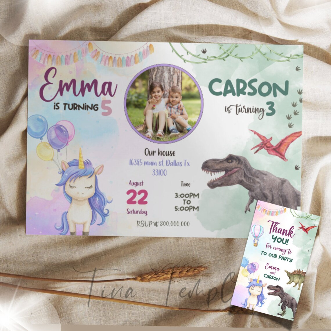 Editable Unicorn and Dinosaur Birthday Invitation With Photo Template ...