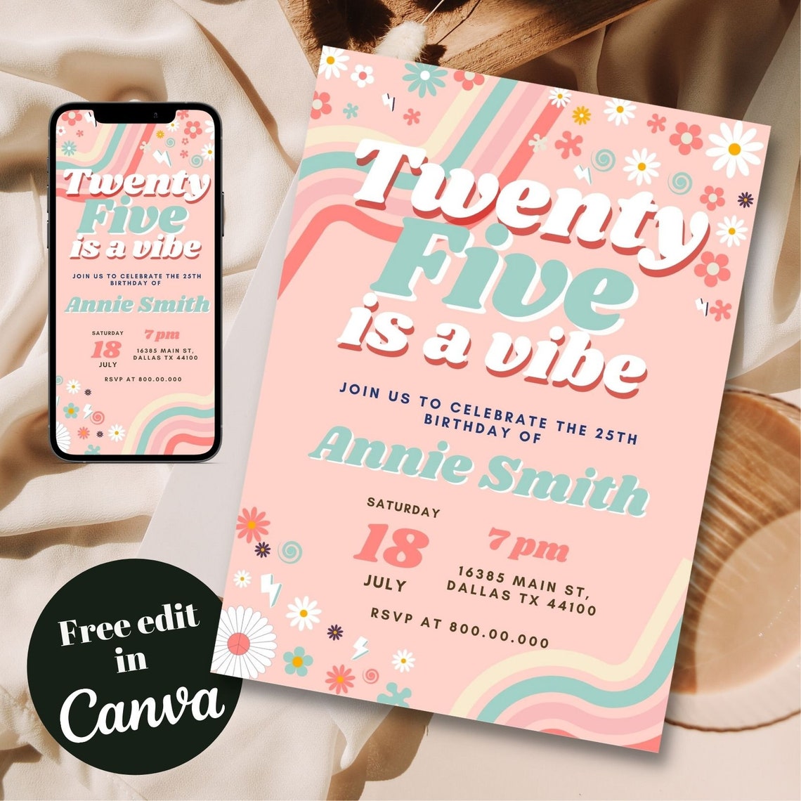 Editable and Printable Twenty Five Groovy Women Birthday - Etsy